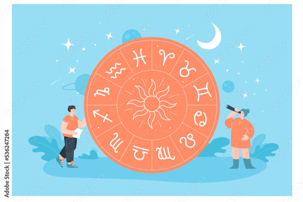 Tiny cartoon characters with zodiac signs. Man checking horoscope ...