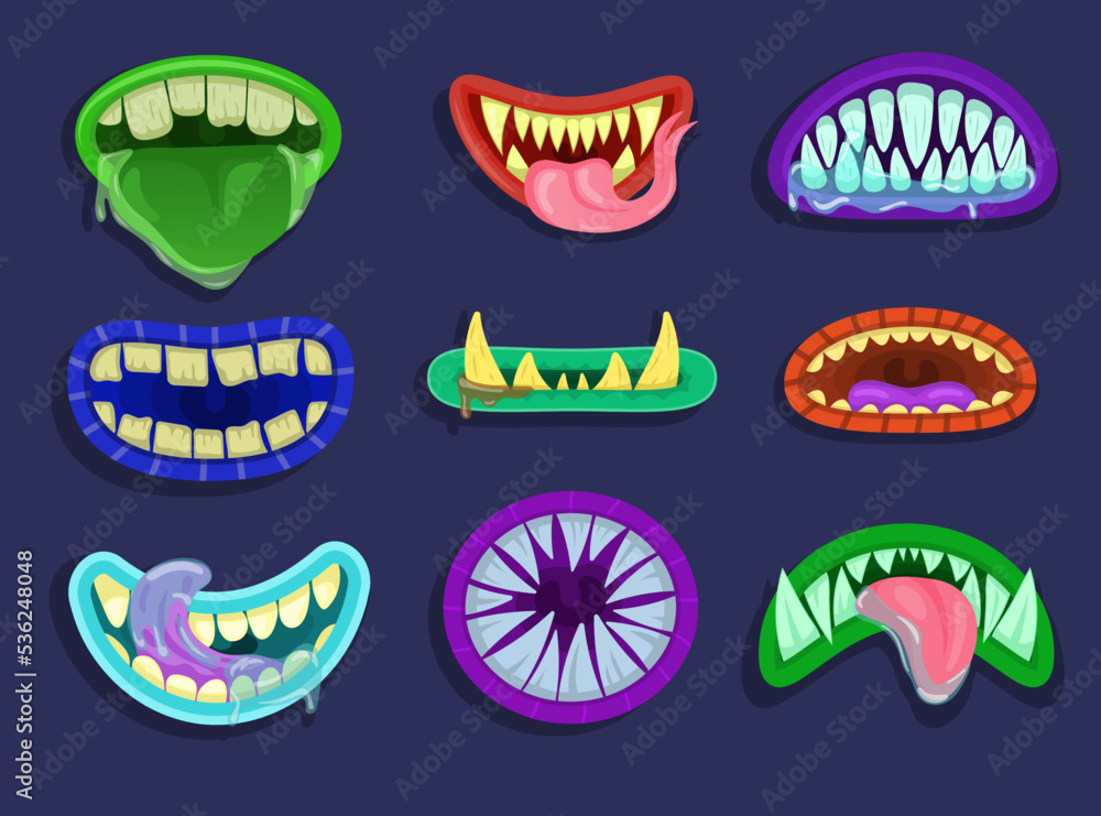 Colorful monster mouth cartoon vector illustration set. Cute and scary ...