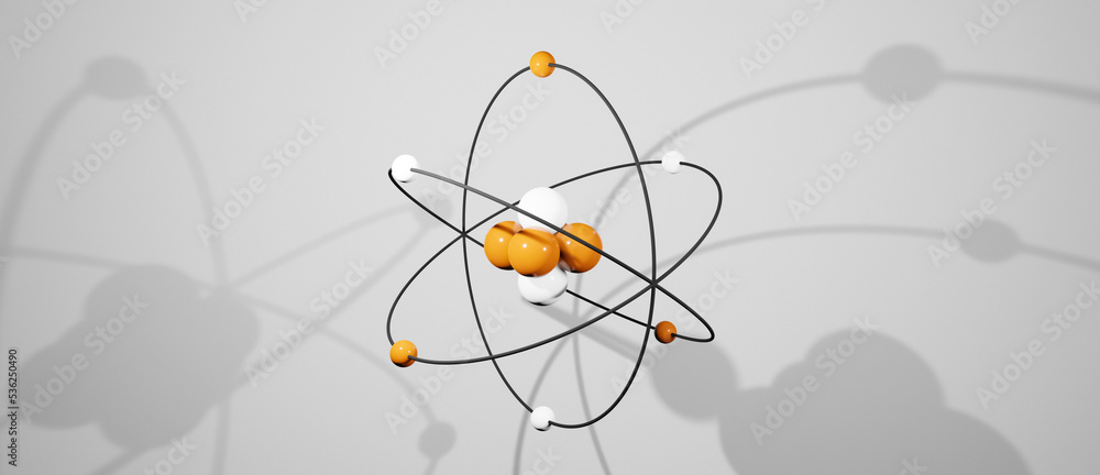 3D illustration model of an atom with nucleus, electrons, protons and ...