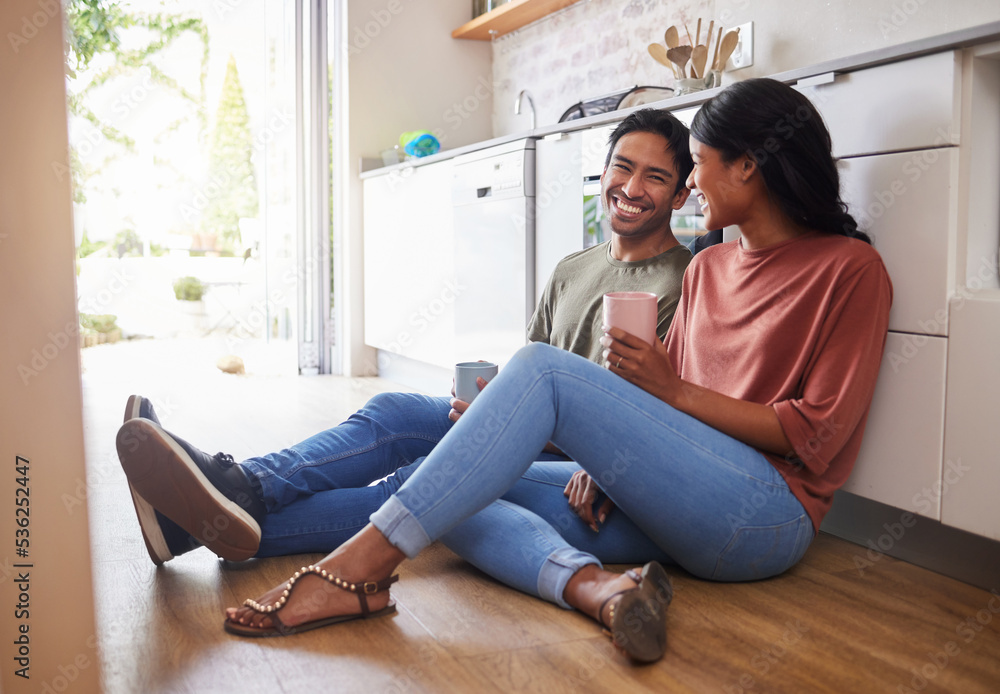 Couple communication, love with coffee in the kitchen and happy ...