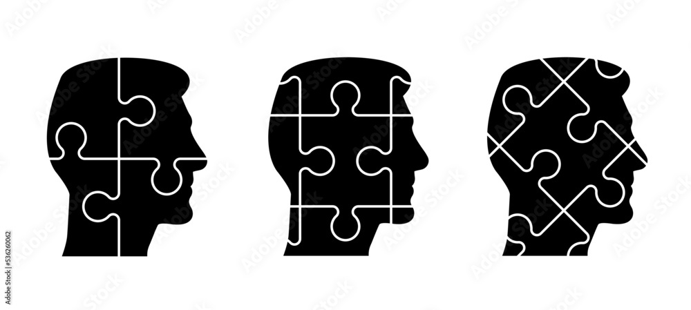 jigsaw puzzle pieces, head or face human profile concept. Line pattern ...