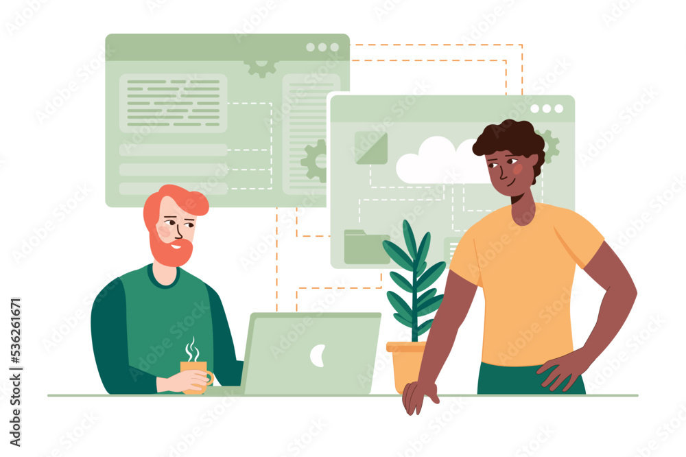 Saas green concept with people scene in the flat cartoon style. Two ...