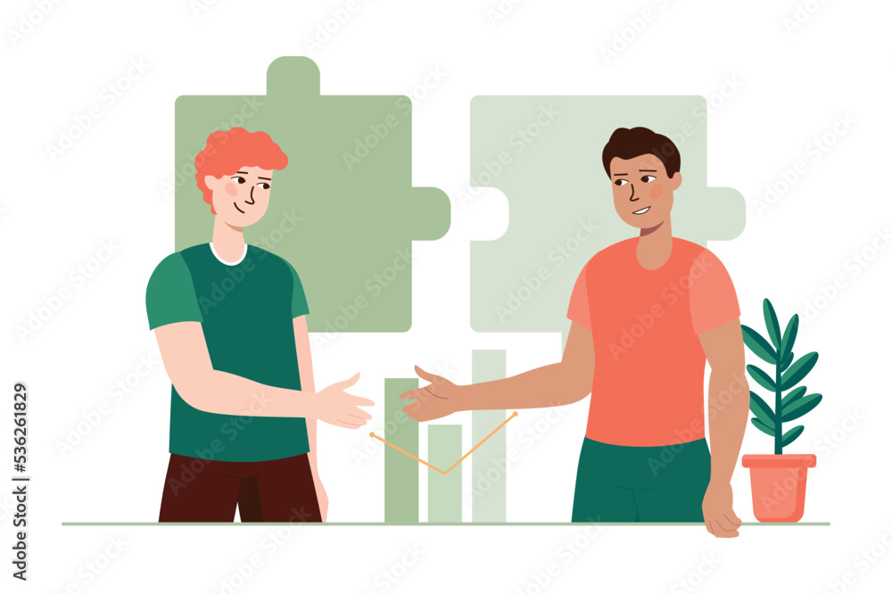 Teamwork green concept with people scene in the flat cartoon style. Two ...