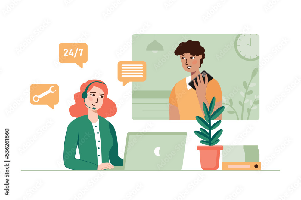 Technical support green concept with people scene in the flat cartoon ... Technical support green concept with people scene in the flat cartoon ...
