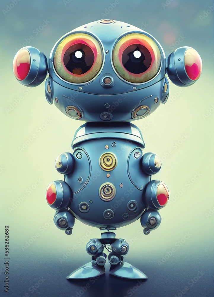 Cute friendly cartoon robot with big eyes, digital art, printable ...