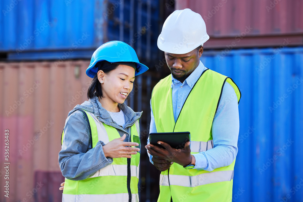 Logistics, tablet and employees planning delivery of shipping container ...