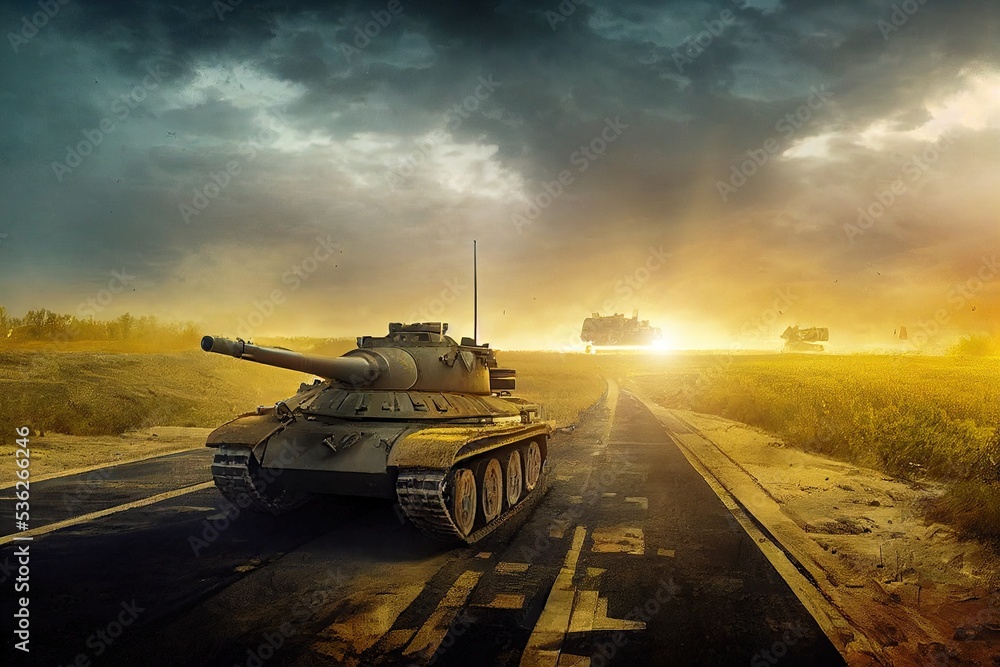 War tank of the Ukraine army at sunset on a the road on a wheat ears ...