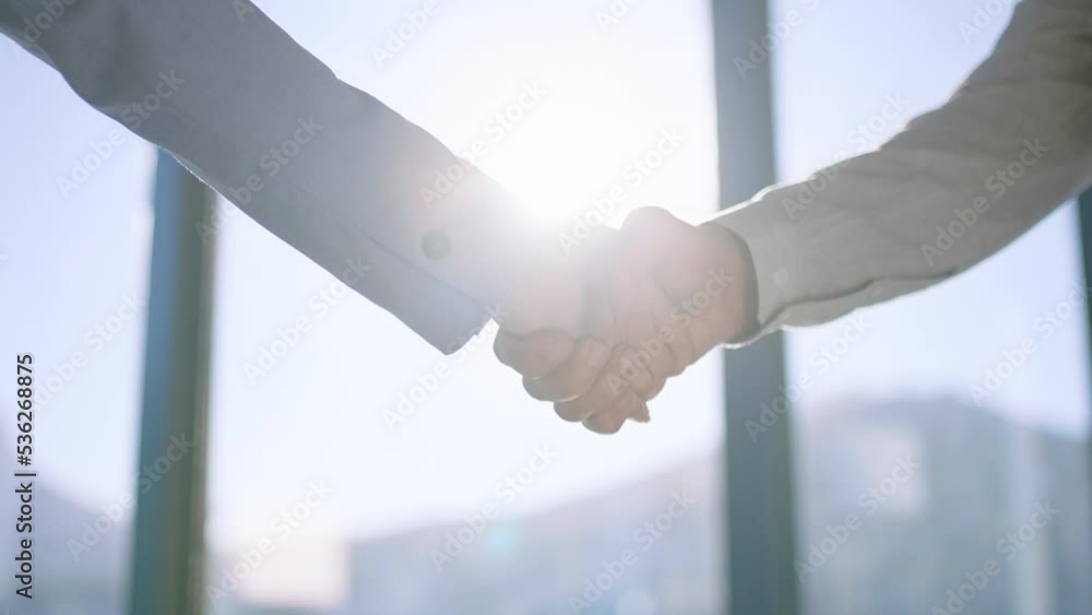 Corporate merger and handshake deal for business people in respectful ...