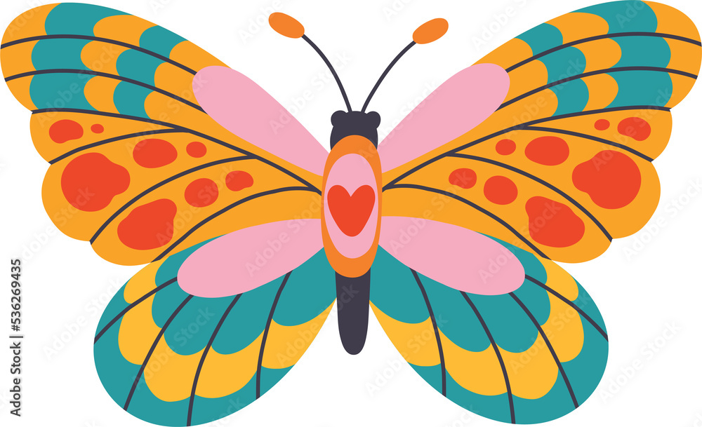 Retro groovy butterfly. Colorful illustration in vintage style ...