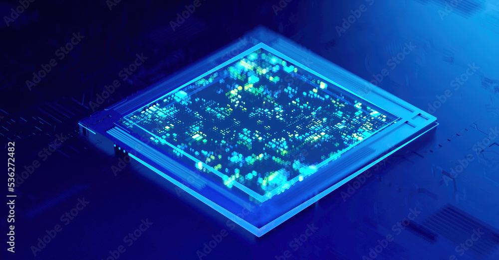 3D rendering of cyberpunk AI. Circuit board. Technology background ...