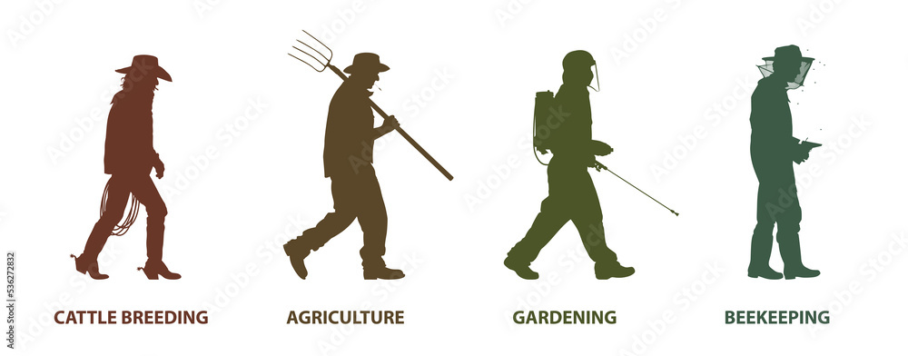 Set of silhouette. Different types of farming. Profile walking farmers ...