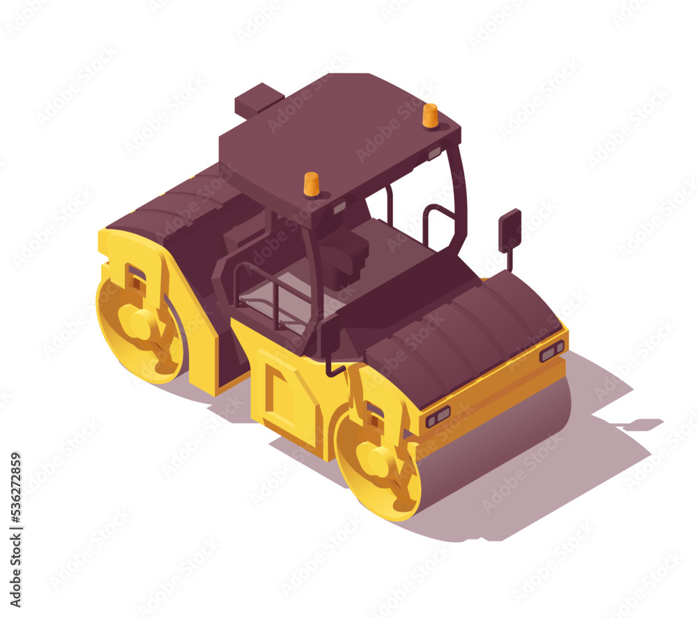 Isometric low poly yellow tandem vibratory roller. Vector illustrator ...