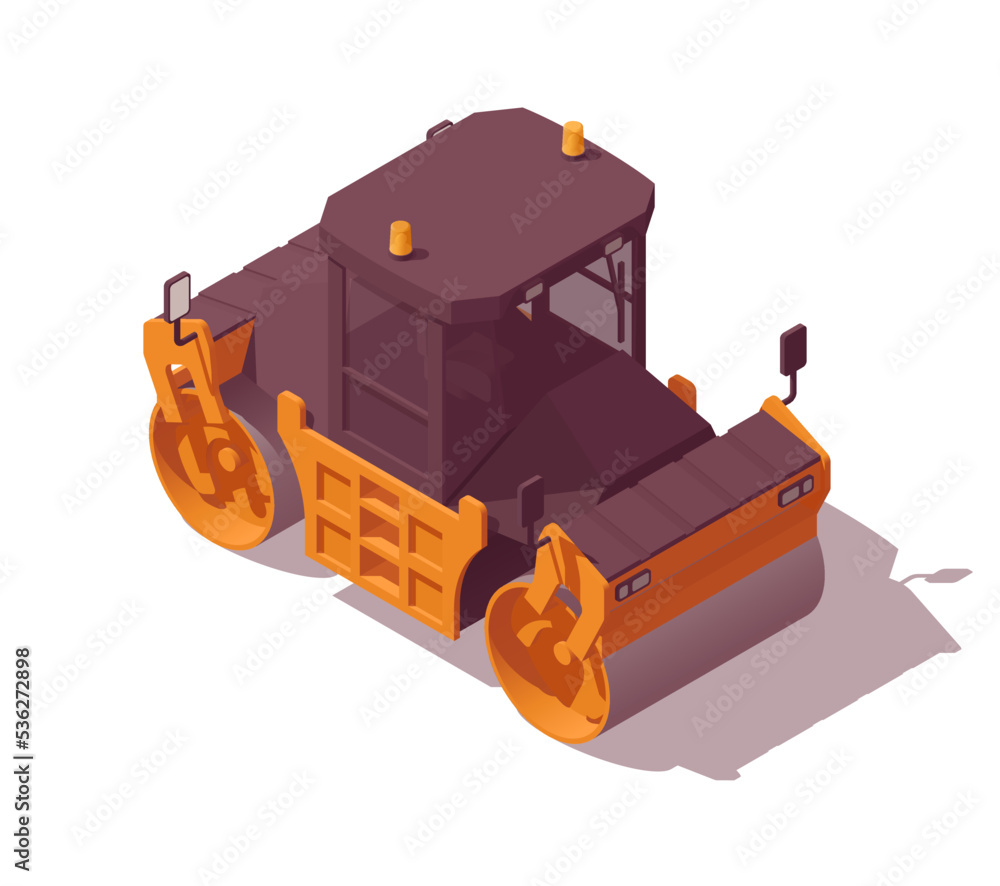 Isometric low poly orange tandem vibratory roller. Vector illustrator ...