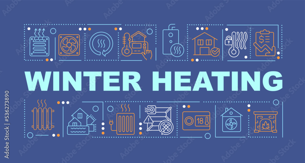 Winter heating concepts dark blue banner. Warming home advices ...