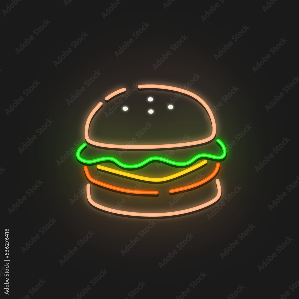 Neon burger sign. Glowing burger emblem isolated on dark brick wall ...