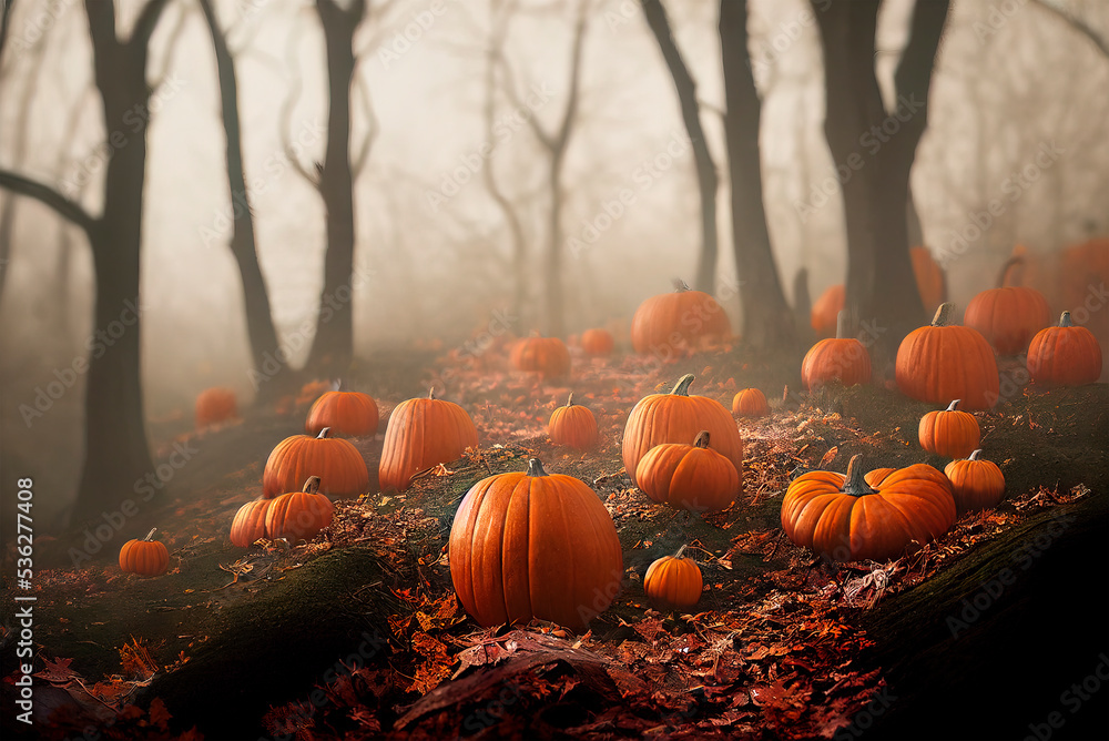 Thanksgiving and halloween pumpkins in autumn forest. Fall season ...