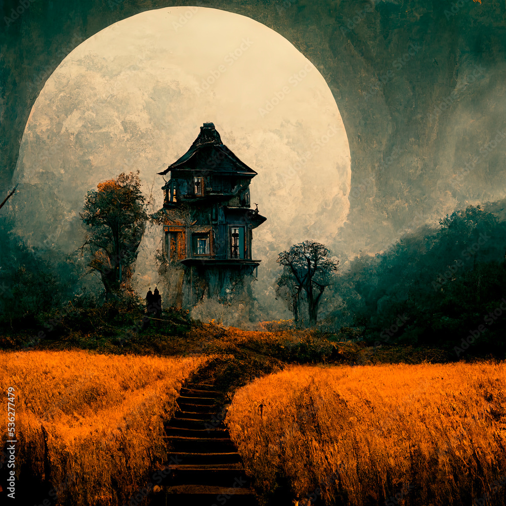 Halloween night scene with haunted house and full moon. Horror old ...