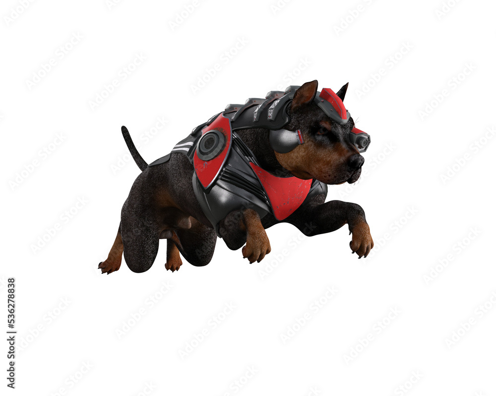 Jumping dog with futuristic cyberpunk armoured suit and cybernetic eye ...