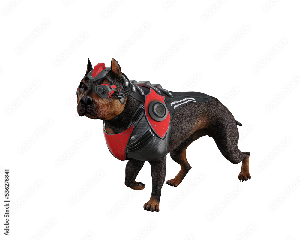 Futuristic cyberpunk dog with red armoured suit and cybernetic eye. 3D ...