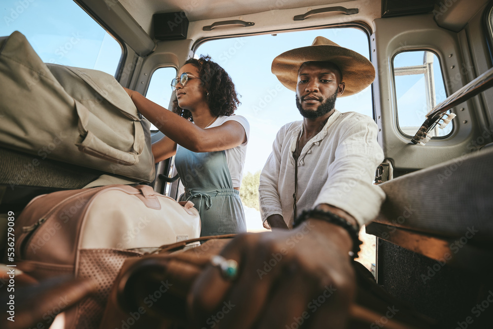 Travel luggage, black couple and car road trip together love bonding on ...