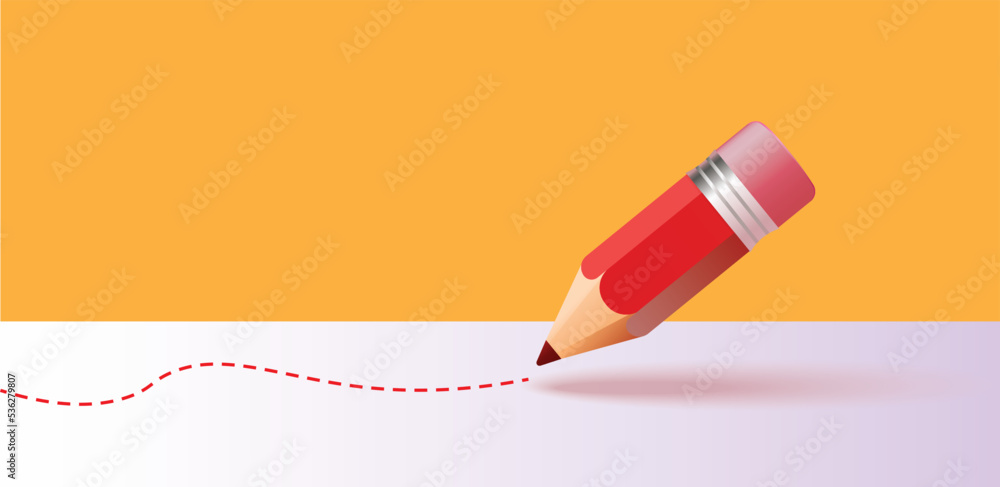 cartoon style red pencil drawing a red line on a white desk, minimalist ...
