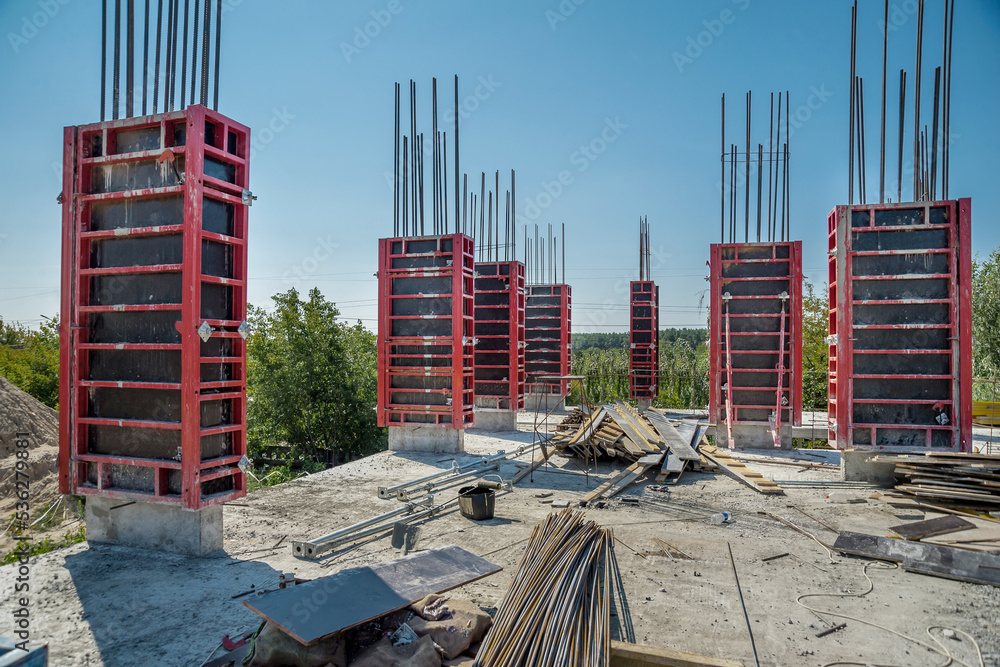 Column formwork panels on house construction. Stock Photo | Adobe Stock