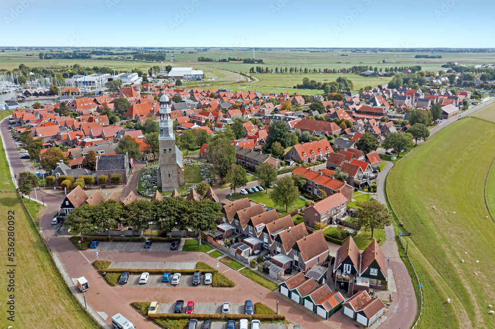Aerial from the traditional village Hindeloopen at the IJsselmeer in ...