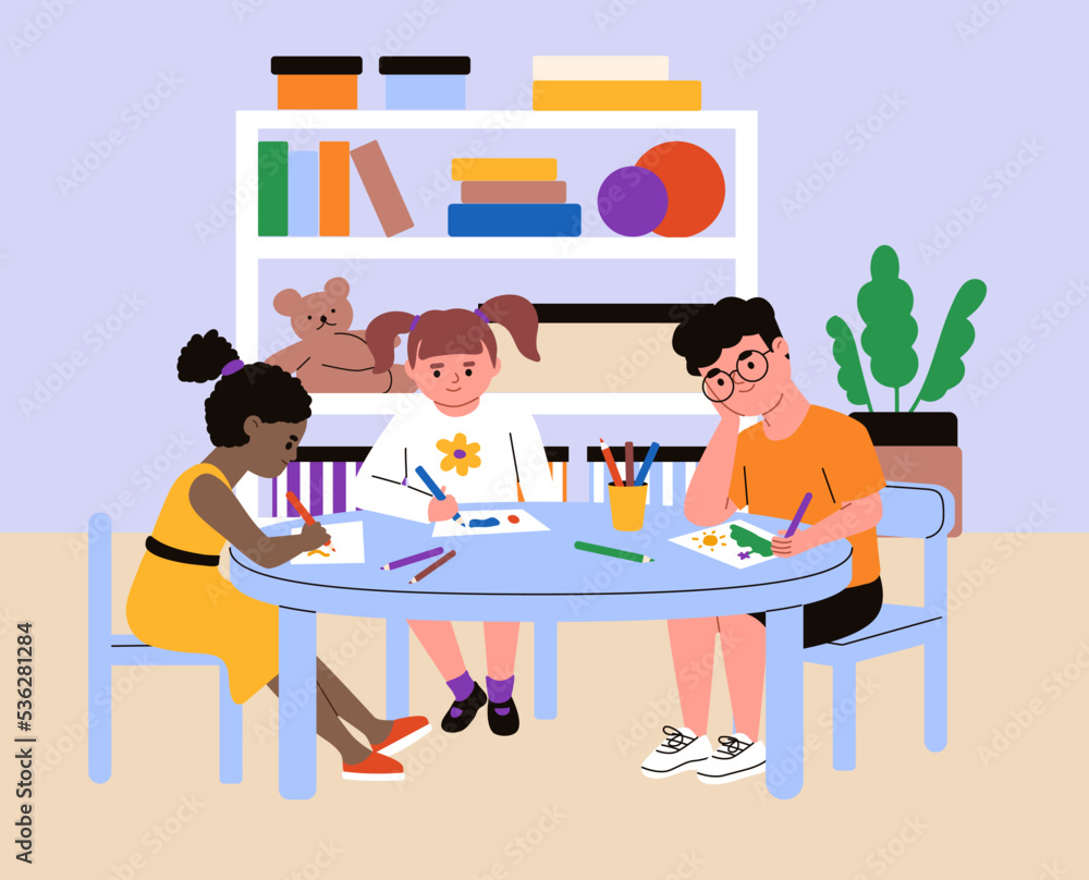 Children drawing pictures in the nursery. Kids drawing at home. Art ...