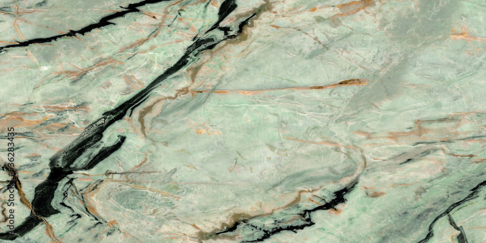 Turquoise marble stone background with black-brown curly veins on ...