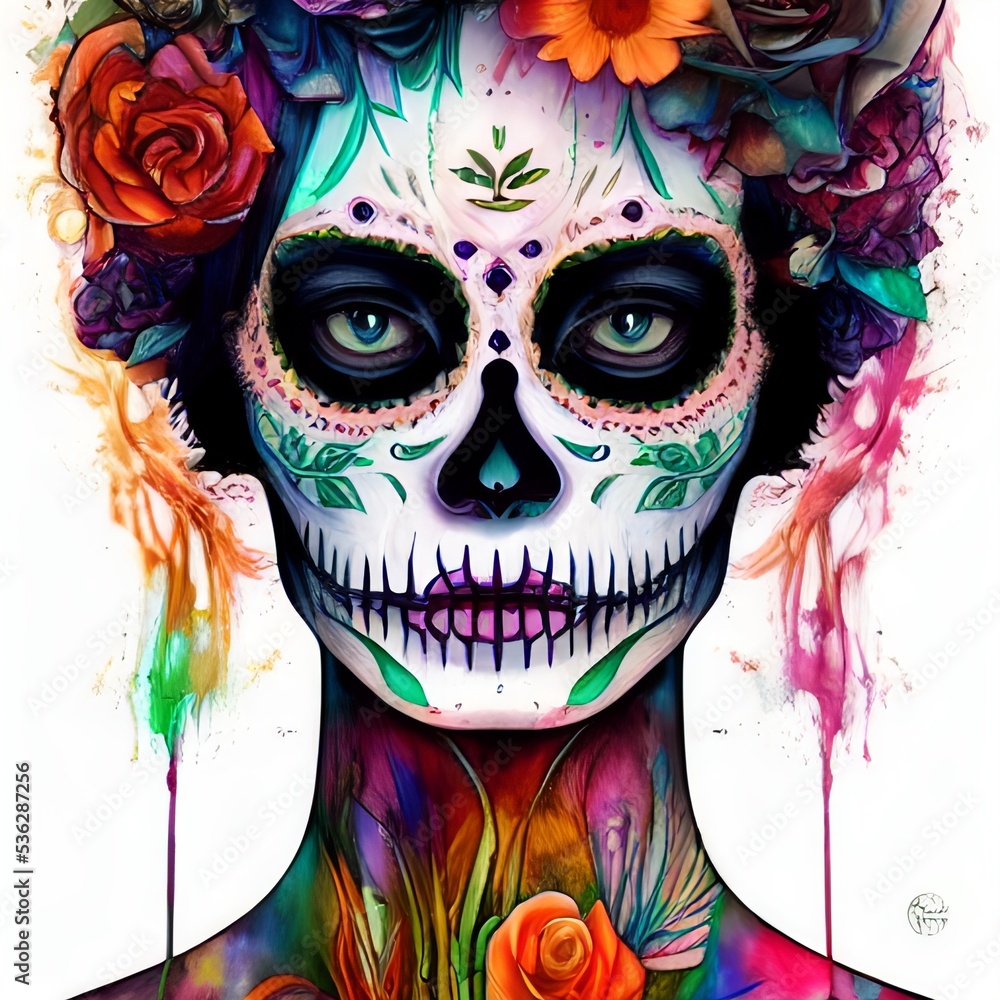 A painting of La Calavera Catrina, A woman with a skull, the ...