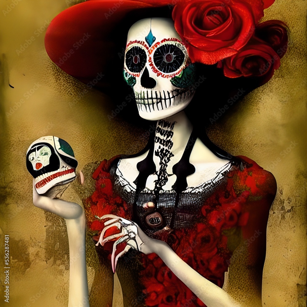 A painting of La Calavera Catrina, A woman with a skull, the ...