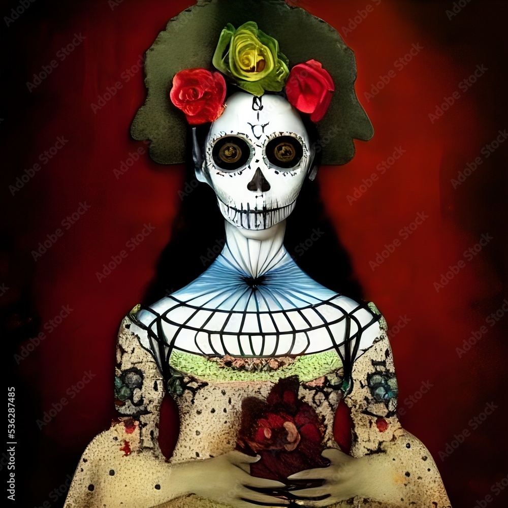 A painting of La Calavera Catrina, A woman with a skull, the ...