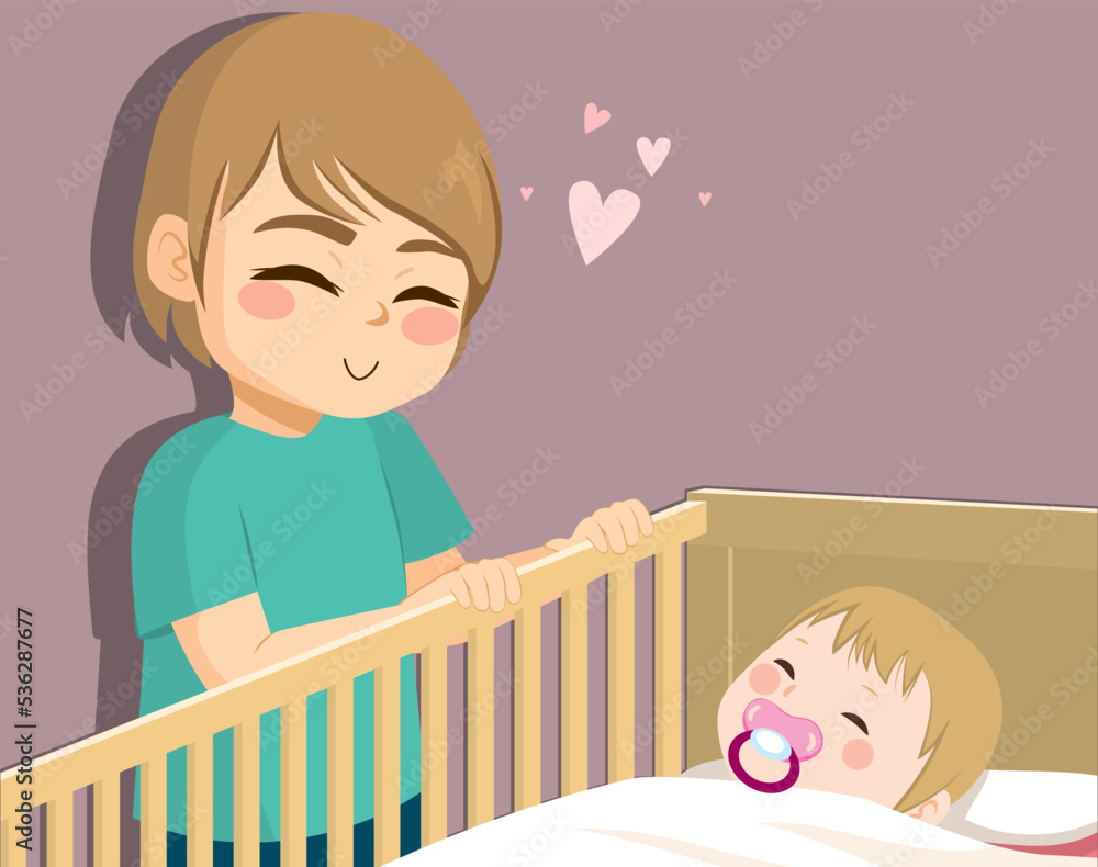 Happy big brother checking on newborn baby sister. Cute, adorable ...