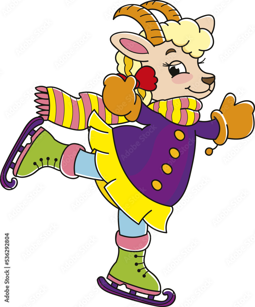 Coloring page outline of cartoon smiling cute goat ice-skating ...