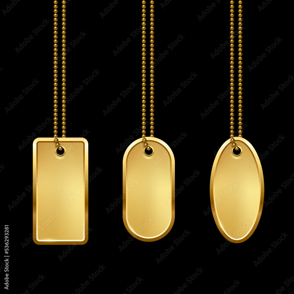 Golden badges of different shapes set, hanging on chain vector ...
