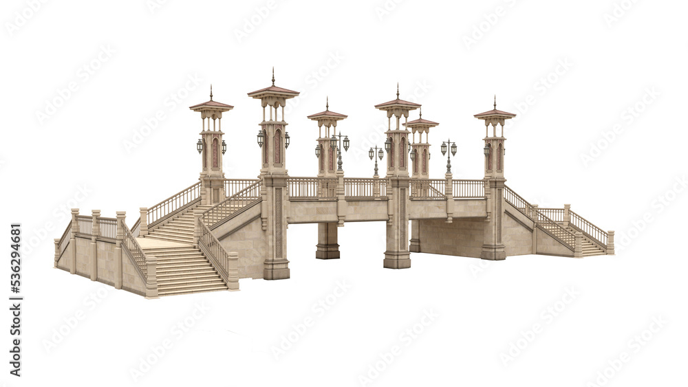 Classical architecture stone bridge with ornate towers and steps on ...