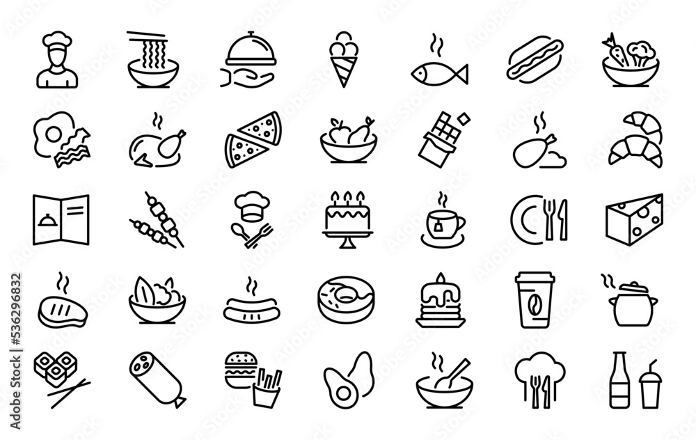 Set of 35 food and drink icons in line style. Meal, dishes, restaurant ...