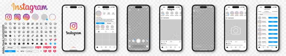 Instagram mockup set. Stories, liked, photo, hashtag and subscribers ...