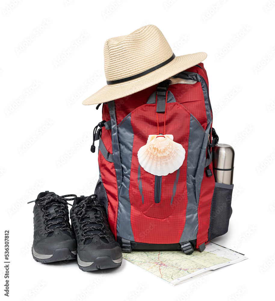 Pilgrim backpack with scallop symbol, hat and boots isolated on white ...