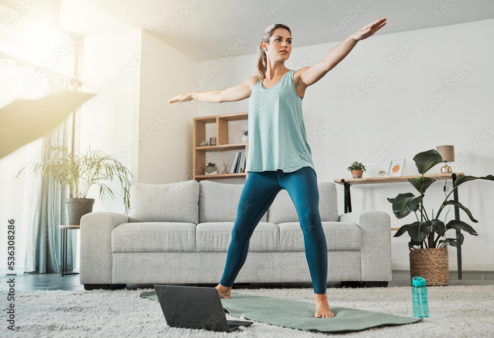 Yoga, online workout and woman training with stretching exercise on the ...
