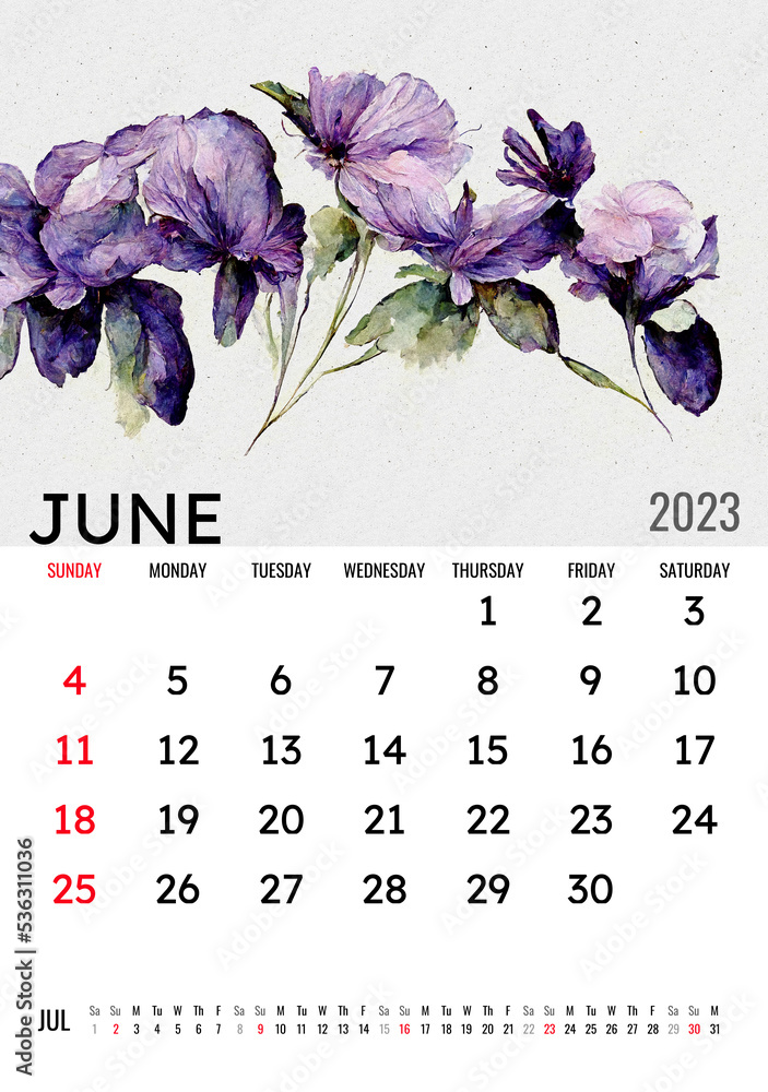 2023 june, monthly calendar, minimalistic design with beautiful ...