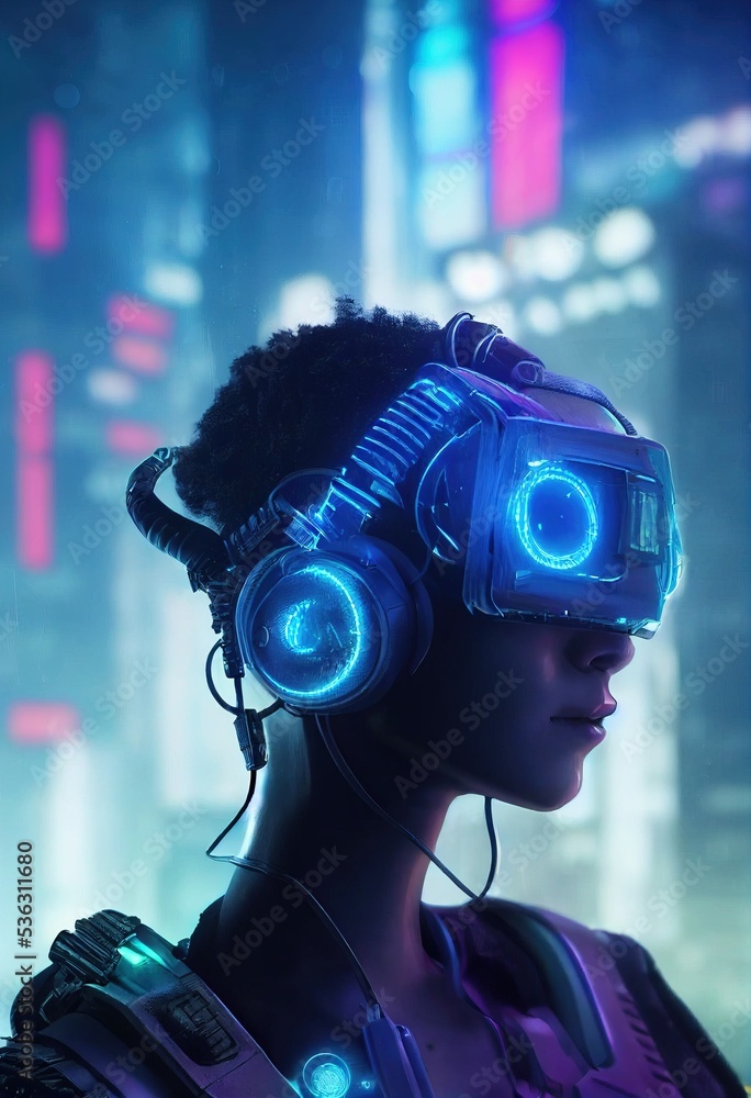 Fictional portrait of a sci-fi cyberpunk girl. High-tech futuristic ...