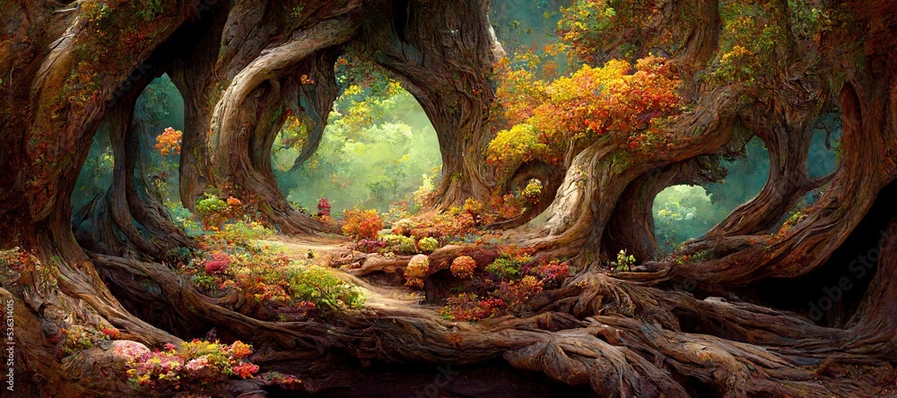 Enchanted magic kingdom forest, majestic ancient old oak trees towering ...