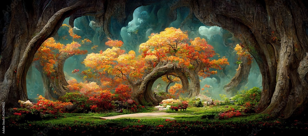 Enchanted magic kingdom forest, majestic ancient old oak trees towering ...