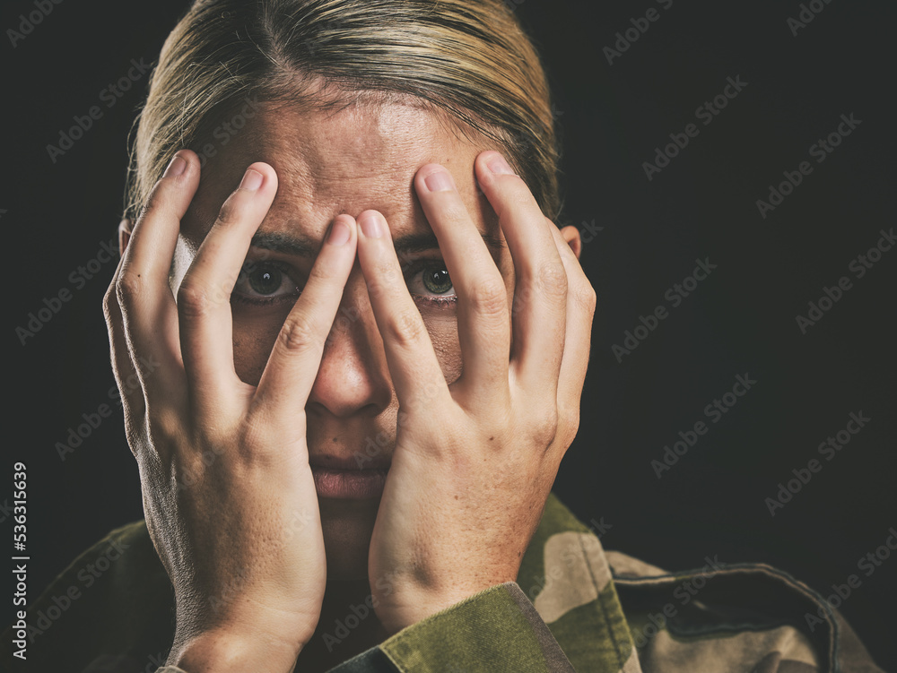 Anxiety, depression and soldier woman crying on dark studio background ...