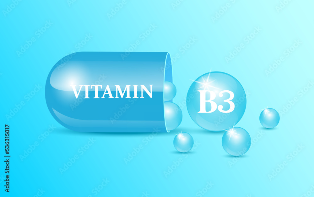 Capsule vitamin B3 structure blue and white with circular bubbles ...
