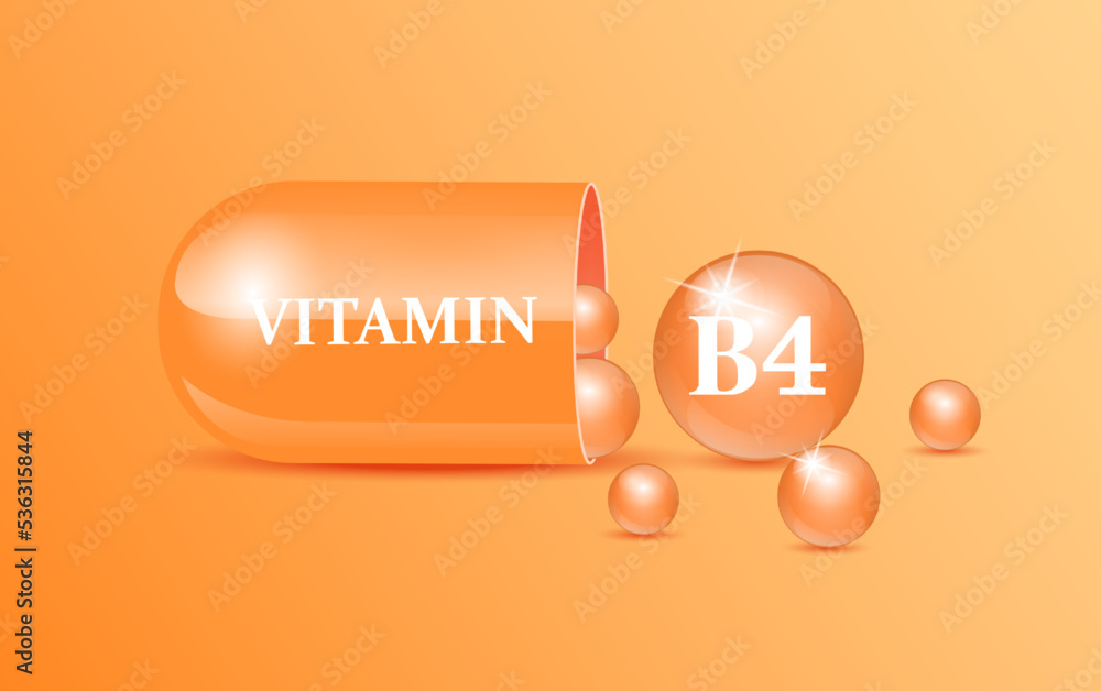 Capsule vitamin B4 structure orange and white with circular bubbles ...