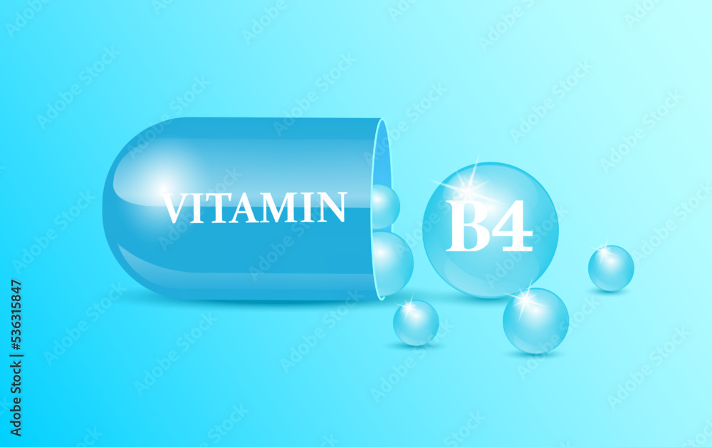 Capsule vitamin B4 structure blue and white with circular bubbles ...