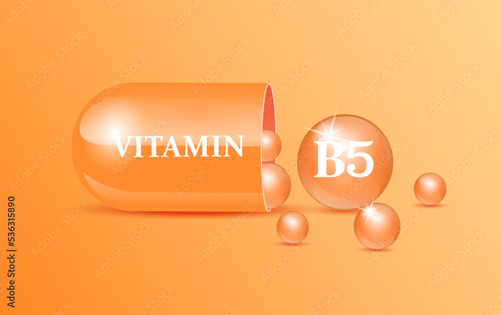 Capsule vitamin B5 structure orange and white with circular bubbles ...