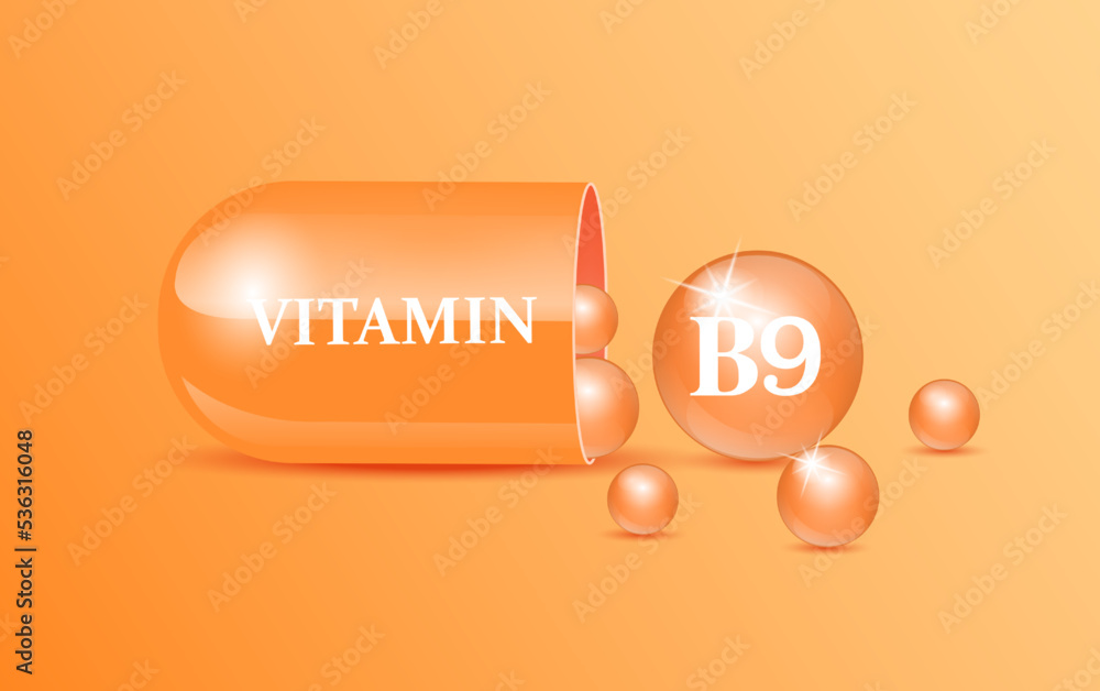 Capsule vitamin B9 structure orange and white with circular bubbles ...